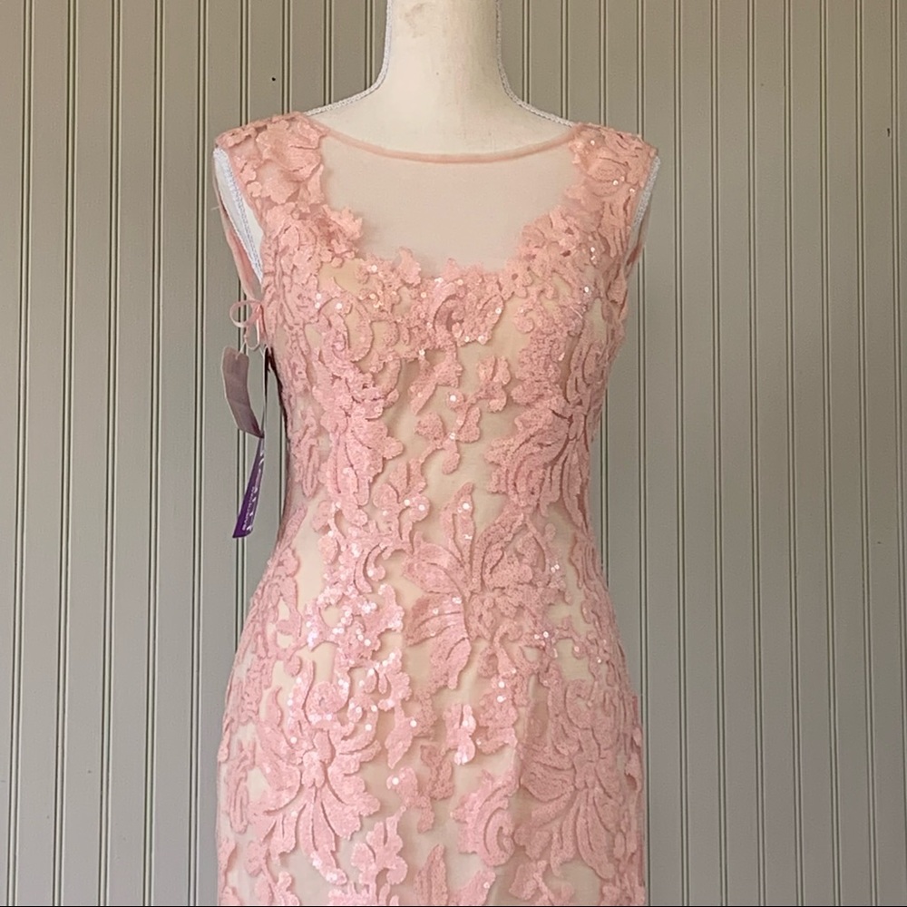 Glamorous Sheer Embellished Pink Floral Long Dress Go… - Gem